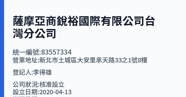 薩摩亞商銳裕國際有限公司台灣分公司的照片-統編 83557334(新北市) 公司登記資料與營業項目詳細圖表