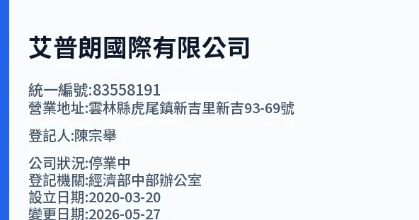 艾普朗國際有限公司的照片-統編 83558191(雲林縣) 公司登記資料與營業項目詳細圖表