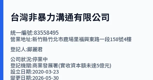 台灣非暴力溝通有限公司的照片-統編 83558495(新竹縣) 公司登記資料與營業項目詳細圖表