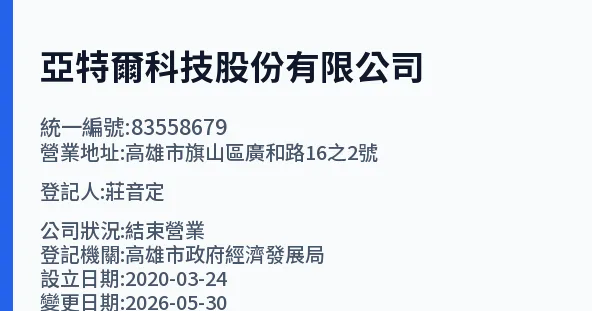 亞特爾科技股份有限公司的照片-統編 83558679(高雄市) 公司登記資料與營業項目詳細圖表