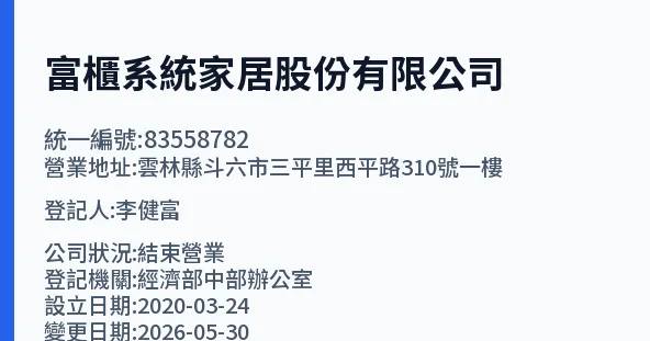 富櫃系統家居股份有限公司的照片-統編 83558782(雲林縣) 公司登記資料與營業項目詳細圖表