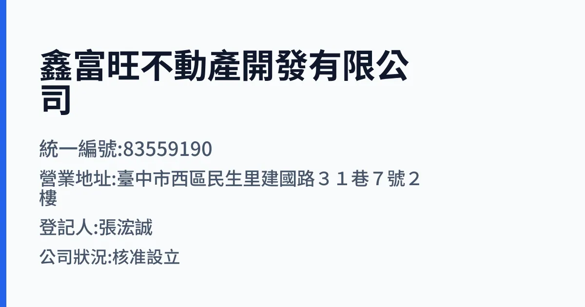 鑫富旺不動產開發有限公司 - 統編 83559190(臺中市) 公司登記資料與營業項目詳細圖表