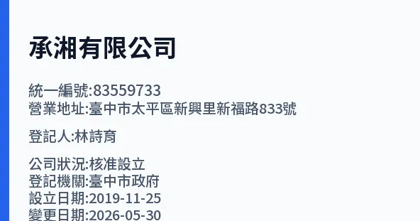 承湘有限公司的照片-統編 83559733(臺中市) 公司登記資料與營業項目詳細圖表