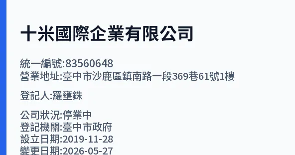 十米國際企業有限公司的照片-統編 83560648(臺中市) 公司登記資料與營業項目詳細圖表