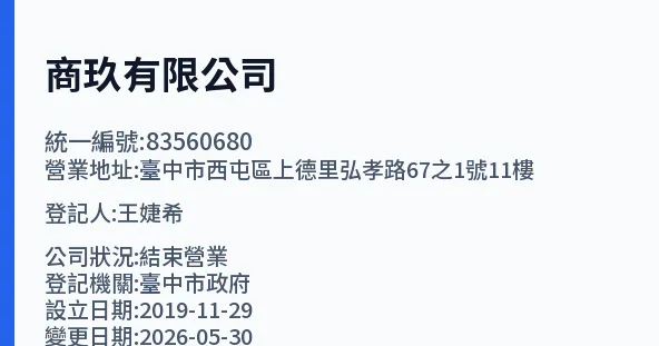 商玖有限公司的照片-統編 83560680(臺中市) 公司登記資料與營業項目詳細圖表