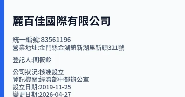 麗百佳國際有限公司的照片-統編 83561196(金門縣) 公司登記資料與營業項目詳細圖表