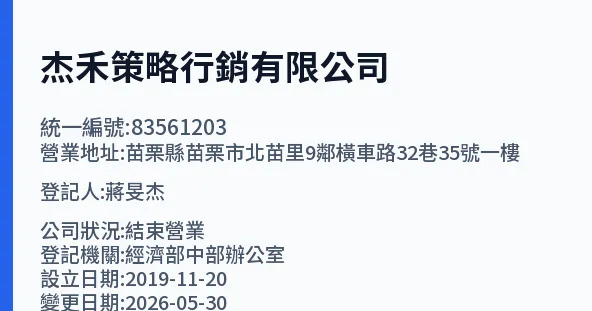 杰禾策略行銷有限公司的照片-統編 83561203(苗栗縣) 公司登記資料與營業項目詳細圖表