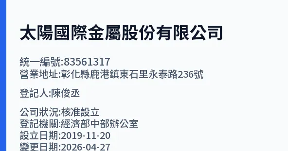太陽國際金屬股份有限公司的照片-統編 83561317(彰化縣) 公司登記資料與營業項目詳細圖表