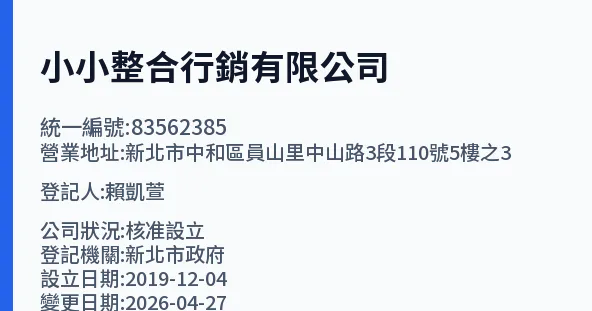 小小整合行銷有限公司的照片-統編 83562385(新北市) 公司登記資料與營業項目詳細圖表