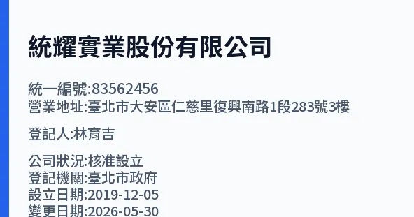 統耀實業股份有限公司的照片-統編 83562456(臺北市) 公司登記資料與營業項目詳細圖表