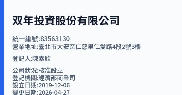 双年投資股份有限公司的照片-統編 83563130(臺北市) 公司登記資料與營業項目詳細圖表
