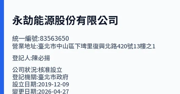 永劼能源股份有限公司的照片-統編 83563650(臺北市) 公司登記資料與營業項目詳細圖表
