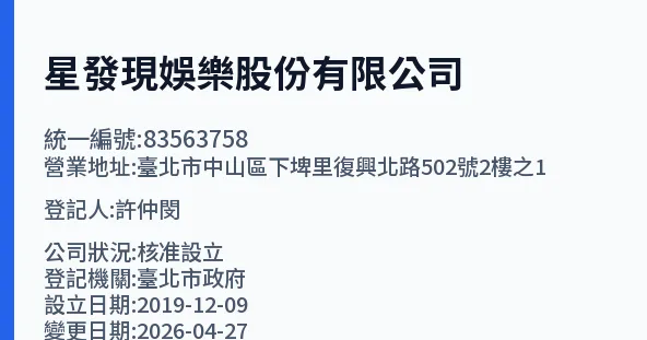 星發現娛樂股份有限公司的照片-統編 83563758(臺北市) 公司登記資料與營業項目詳細圖表