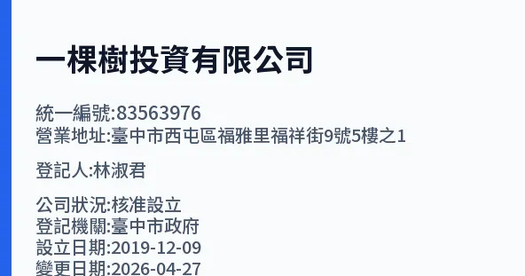 一棵樹投資有限公司的照片-統編 83563976(臺中市) 公司登記資料與營業項目詳細圖表