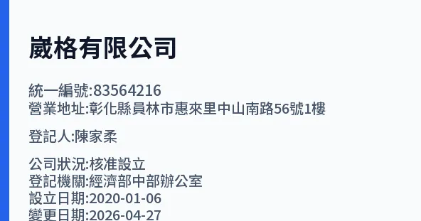 崴格有限公司的照片-統編 83564216(彰化縣) 公司登記資料與營業項目詳細圖表