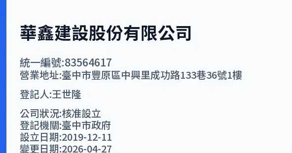 華鑫建設股份有限公司的照片-統編 83564617(臺中市) 公司登記資料與營業項目詳細圖表