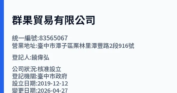 群果貿易有限公司的照片-統編 83565067(臺中市) 公司登記資料與營業項目詳細圖表