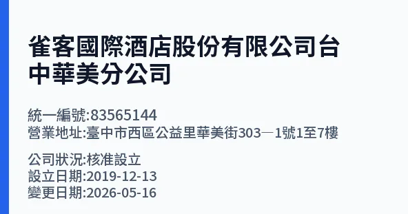 雀客國際酒店股份有限公司台中華美分公司的照片-統編 83565144(臺中市) 公司登記資料與營業項目詳細圖表