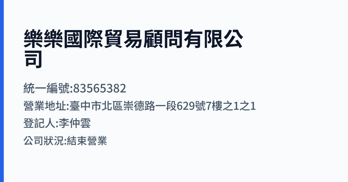 樂樂國際貿易顧問有限公司 - 統編 83565382(臺中市) 公司登記資料與營業項目詳細圖表