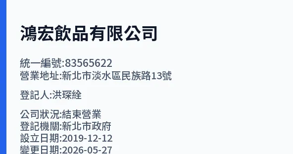 鴻宏飲品有限公司的照片-統編 83565622(新北市) 公司登記資料與營業項目詳細圖表