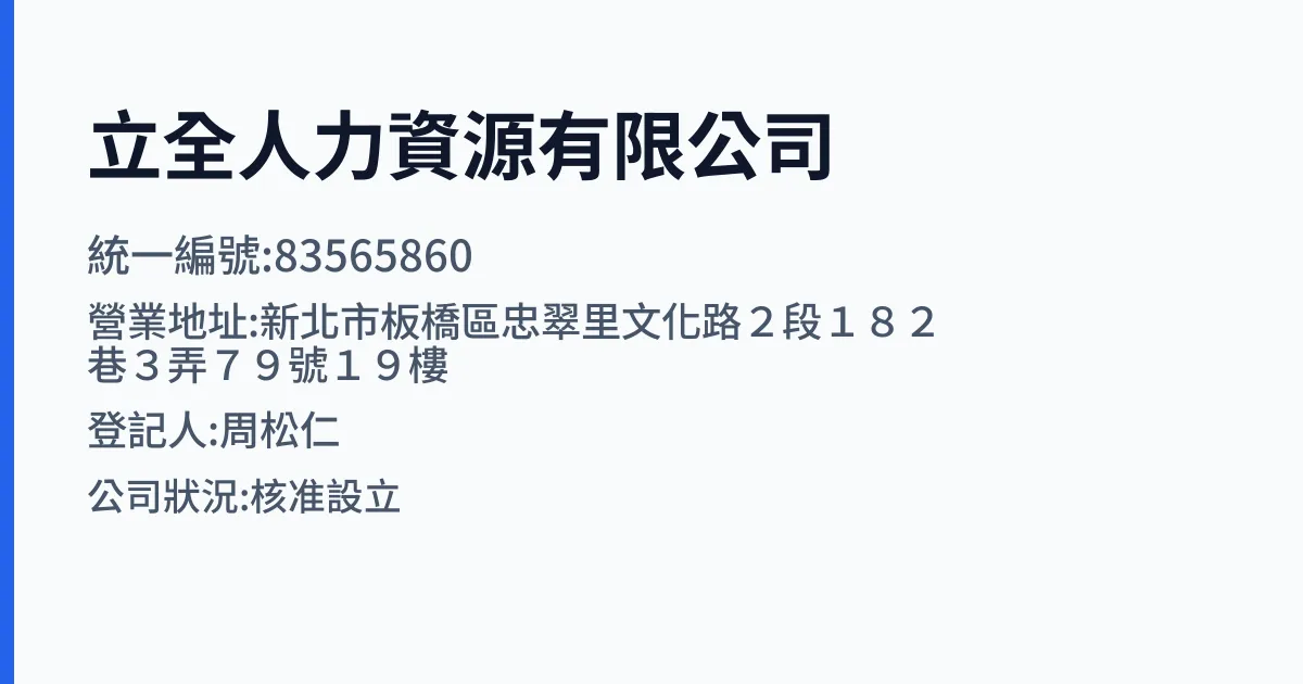 立全人力資源有限公司 - 統編 83565860(新北市) 公司登記資料與營業項目詳細圖表