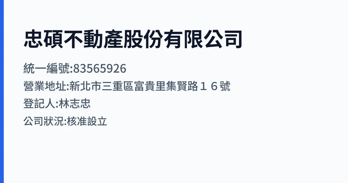 忠碩不動產股份有限公司 - 統編 83565926(新北市) 公司登記資料與營業項目詳細圖表
