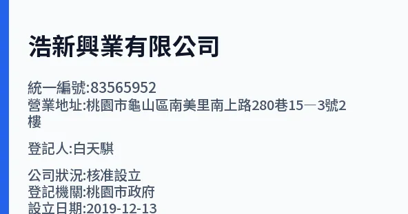浩新興業有限公司的照片-統編 83565952(桃園市) 公司登記資料與營業項目詳細圖表