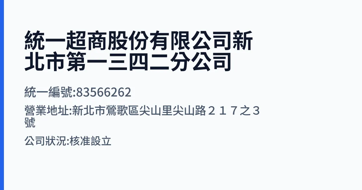 統一超商股份有限公司新北市第一三四二分公司 - 統編 83566262(新北市) 公司登記資料與營業項目詳細圖表