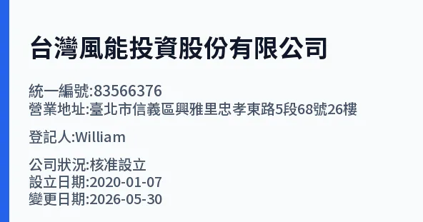 台灣風能投資股份有限公司的照片-統編 83566376(臺北市) 公司登記資料與營業項目詳細圖表