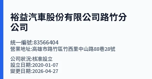 裕益汽車股份有限公司路竹分公司的照片-統編 83566404(高雄市) 公司登記資料與營業項目詳細圖表