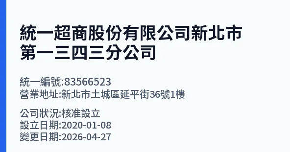 統一超商股份有限公司新北市第一三四三分公司的照片-統編 83566523(新北市) 公司登記資料與營業項目詳細圖表