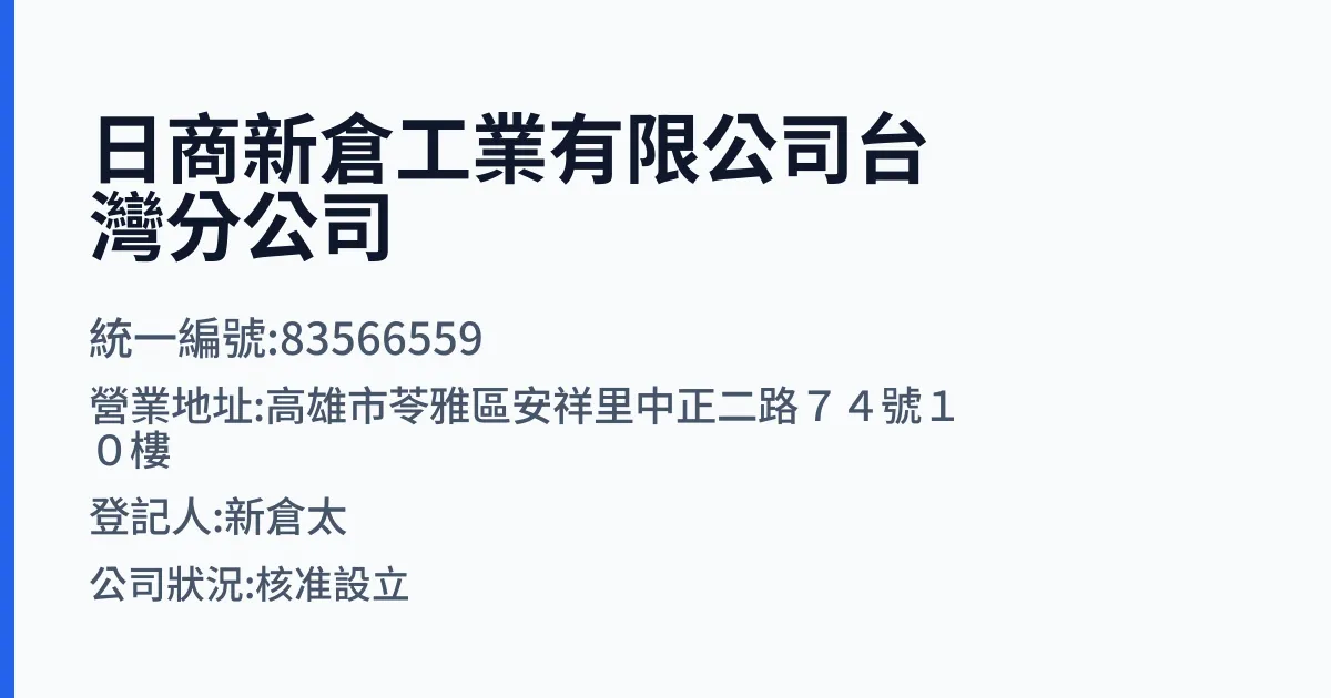 日商新倉工業有限公司台灣分公司 - 統編 83566559(高雄市) 公司登記資料與營業項目詳細圖表