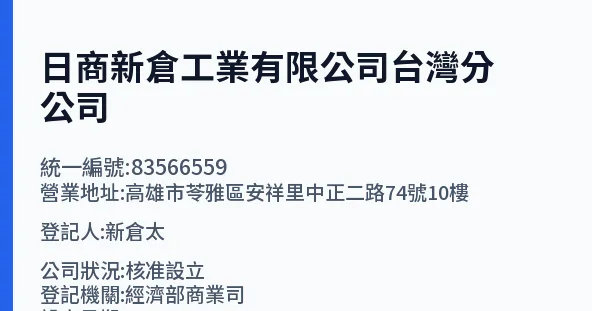 日商新倉工業有限公司台灣分公司的照片-統編 83566559(高雄市) 公司登記資料與營業項目詳細圖表