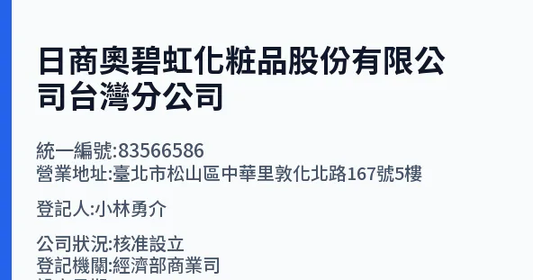 日商奧碧虹化粧品股份有限公司台灣分公司的照片-統編 83566586(臺北市) 公司登記資料與營業項目詳細圖表