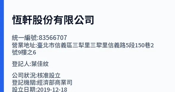 恆軒股份有限公司的照片-統編 83566707(臺北市) 公司登記資料與營業項目詳細圖表