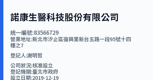 諾康生醫科技股份有限公司的照片-統編 83566729(新北市) 公司登記資料與營業項目詳細圖表