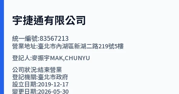 宇捷通有限公司的照片-統編 83567213(臺北市) 公司登記資料與營業項目詳細圖表