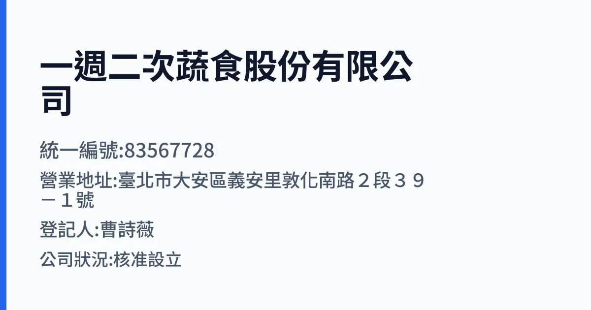 一週二次蔬食股份有限公司 - 統編 83567728（臺北市） 公司登記資料與營業項目詳細圖表