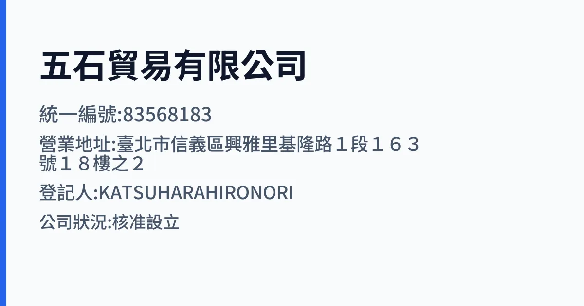 五石貿易有限公司 - 統編 83568183(臺北市) 公司登記資料與營業項目詳細圖表