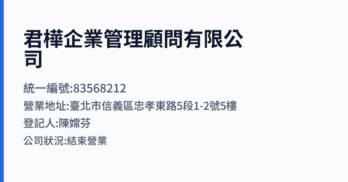 君樺企業管理顧問有限公司 - 統編 83568212(臺北市) 公司登記資料與營業項目詳細圖表