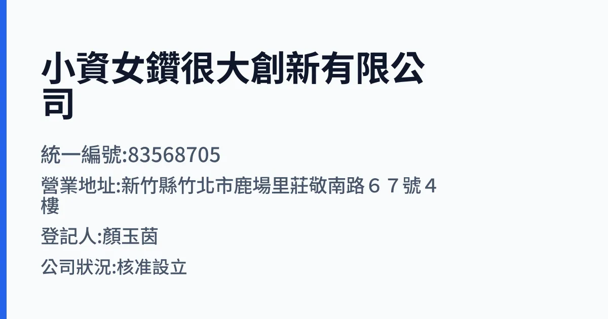 小資女鑽很大創新有限公司 - 統編 83568705(新竹縣) 公司登記資料與營業項目詳細圖表