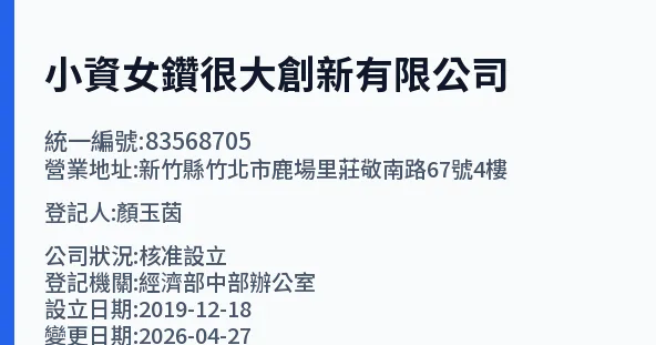 小資女鑽很大創新有限公司的照片-統編 83568705(新竹縣) 公司登記資料與營業項目詳細圖表