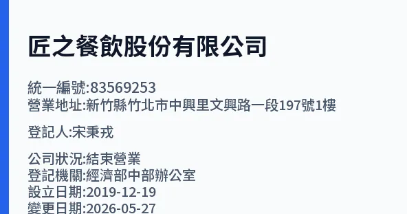 匠之餐飲股份有限公司的照片-統編 83569253(新竹縣) 公司登記資料與營業項目詳細圖表