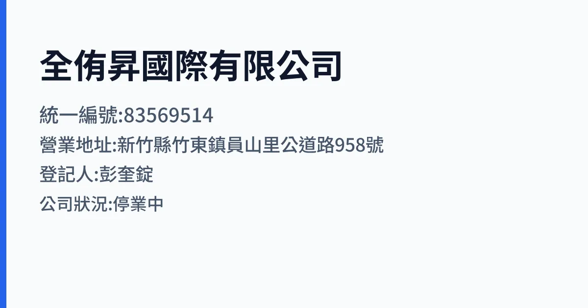 全侑昇國際有限公司 - 統編 83569514(新竹縣) 公司登記資料與營業項目詳細圖表