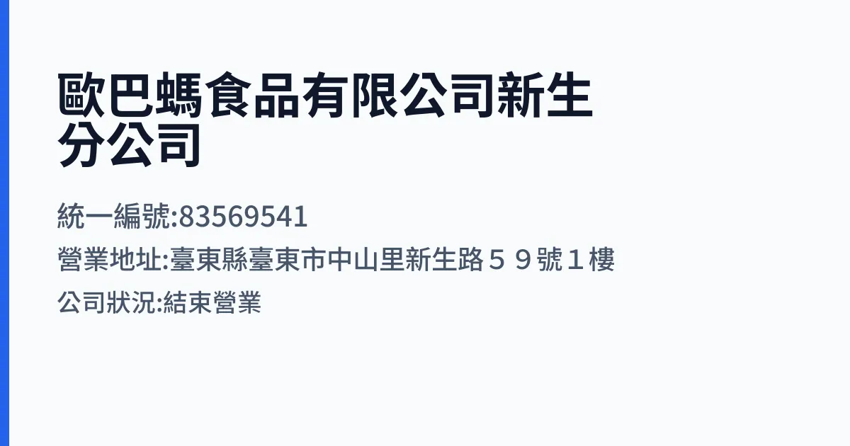 歐巴螞食品有限公司新生分公司 - 統編 83569541(臺東縣) 公司登記資料與營業項目詳細圖表