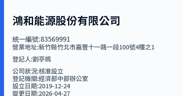 鴻和能源股份有限公司的照片-統編 83569991(新竹縣) 公司登記資料與營業項目詳細圖表