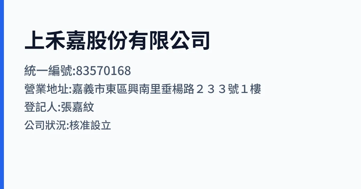 上禾嘉股份有限公司 - 統編 83570168(嘉義市) 公司登記資料與營業項目詳細圖表