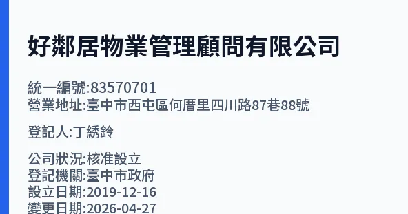 好鄰居物業管理顧問有限公司的照片-統編 83570701(臺中市) 公司登記資料與營業項目詳細圖表
