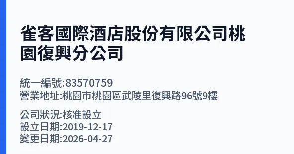 雀客國際酒店股份有限公司桃園復興分公司的照片-統編 83570759(桃園市) 公司登記資料與營業項目詳細圖表