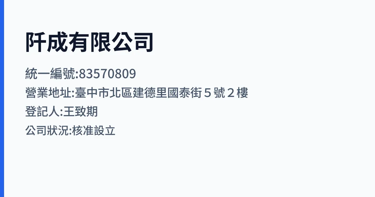 阡成有限公司 - 統編 83570809(臺中市) 公司登記資料與營業項目詳細圖表